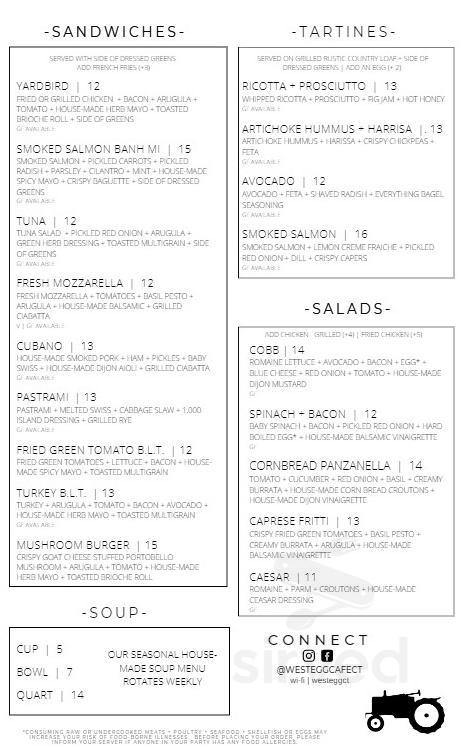 West Egg Cafe menu in Woodbury, Connecticut, USA