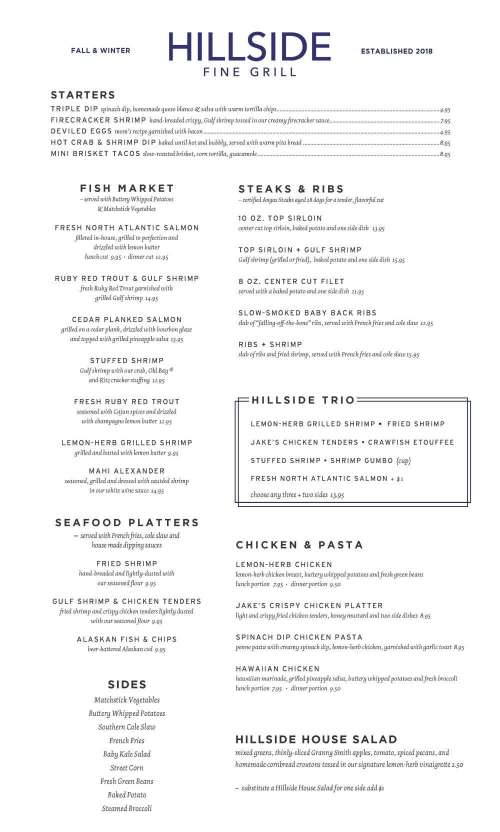 Hillside Fine Grill menu in Highland Village, Texas, USA