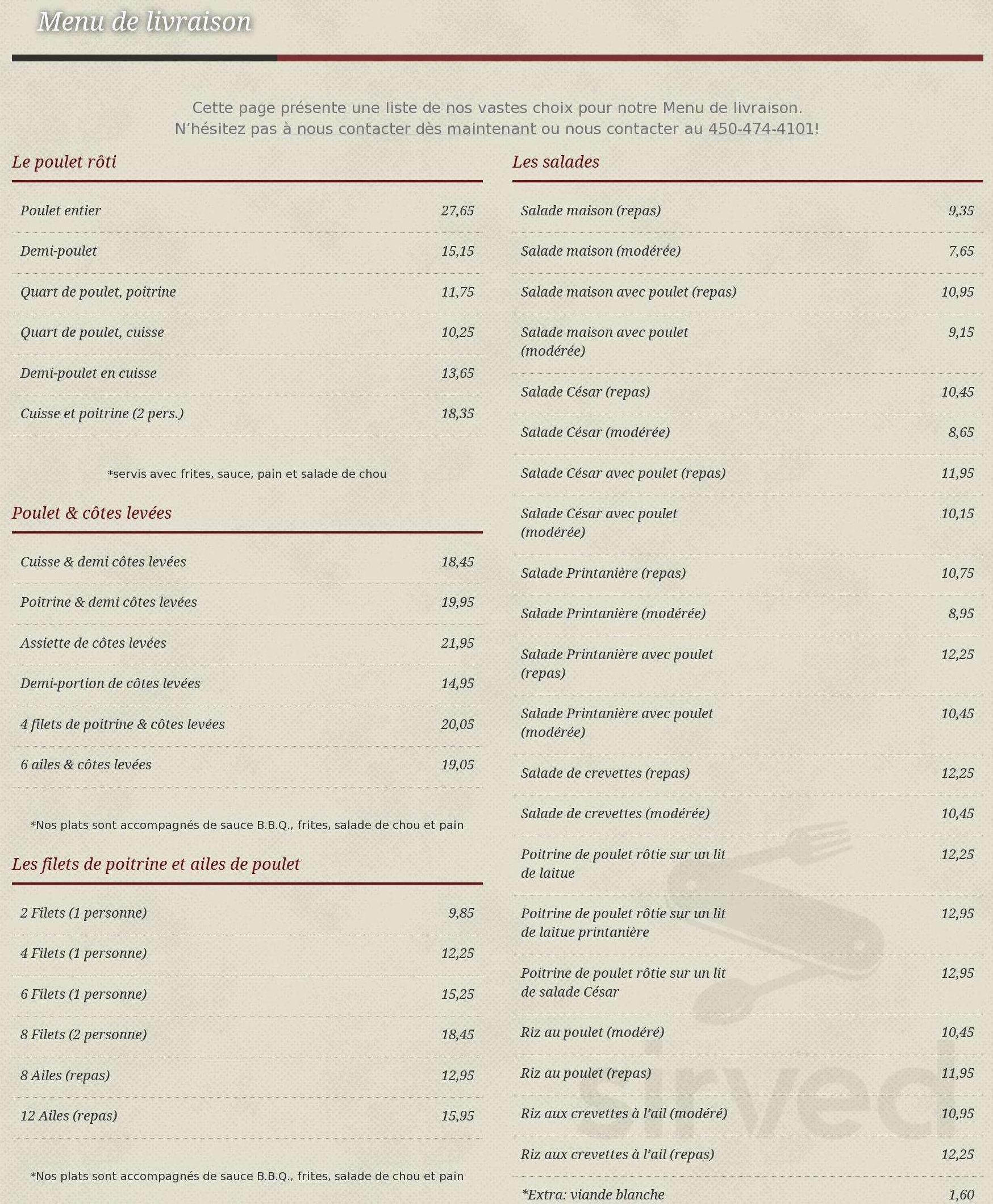 Restaurant au Poulet Nouveau Inc menu in Mascouche, Quebec, Canada