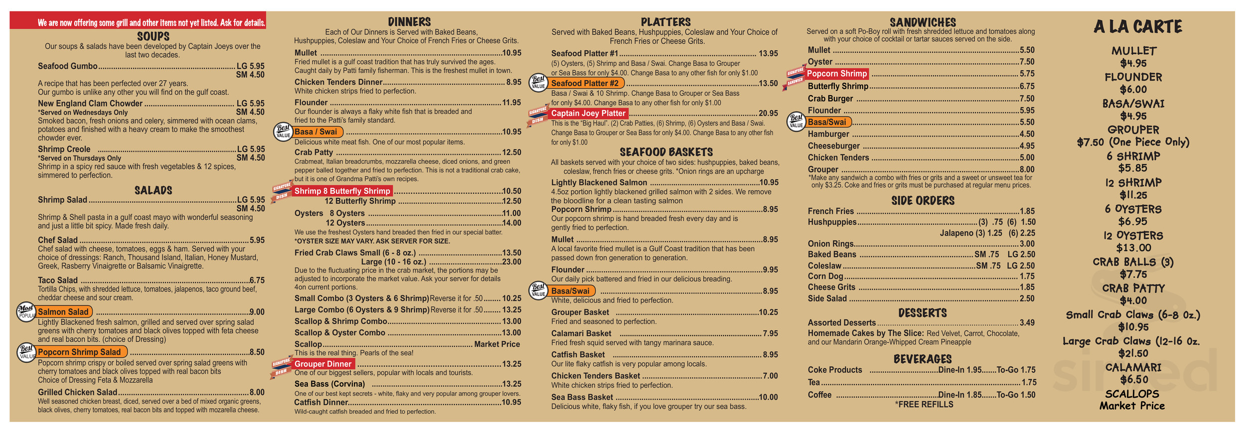 Menu for Captain Joey Patti's Seafood Restaurant & Deli in Pensacola ...