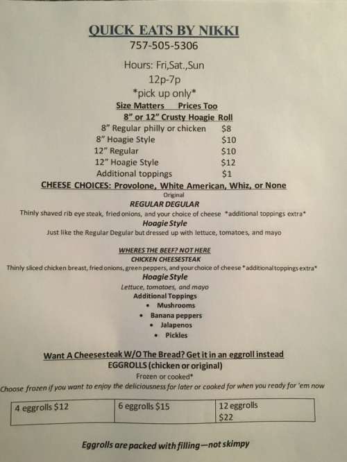 Quick Eats by Nikki menu in Norfolk, Virginia, USA