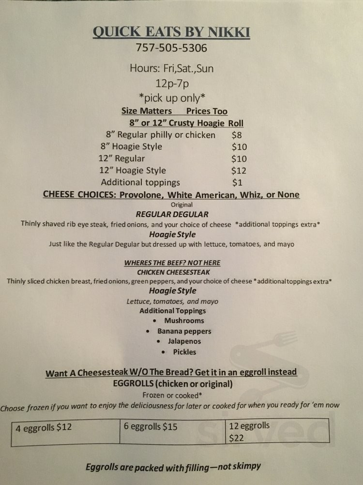 Quick Eats by Nikki menu in Norfolk, Virginia, USA