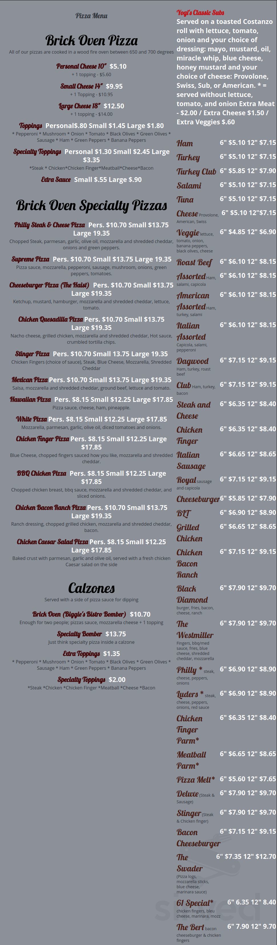 Menu - Akron NY's Yogi's Brick Oven Bistro | Sirved