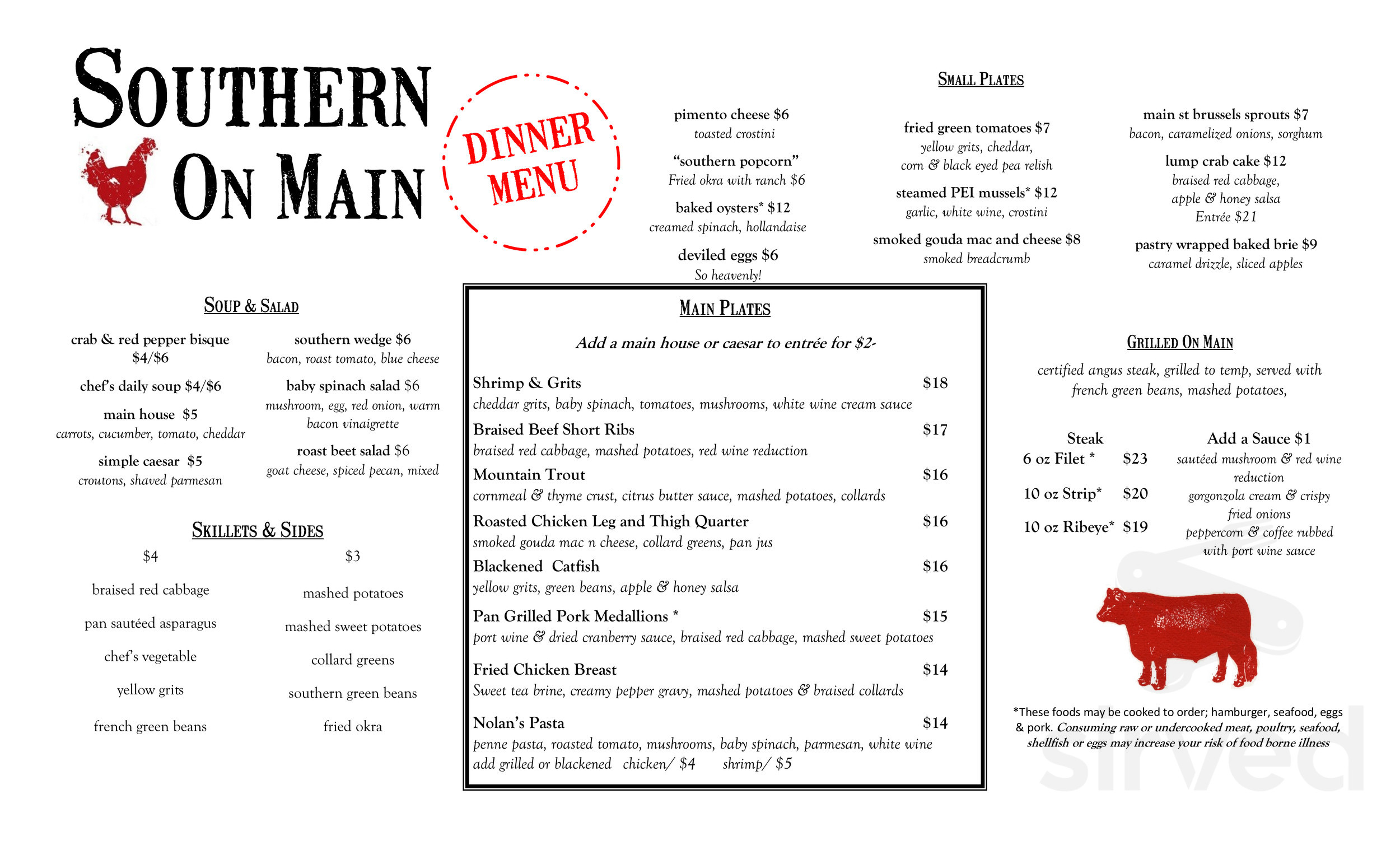 Southern On Main menu in Elkin, North Carolina, USA