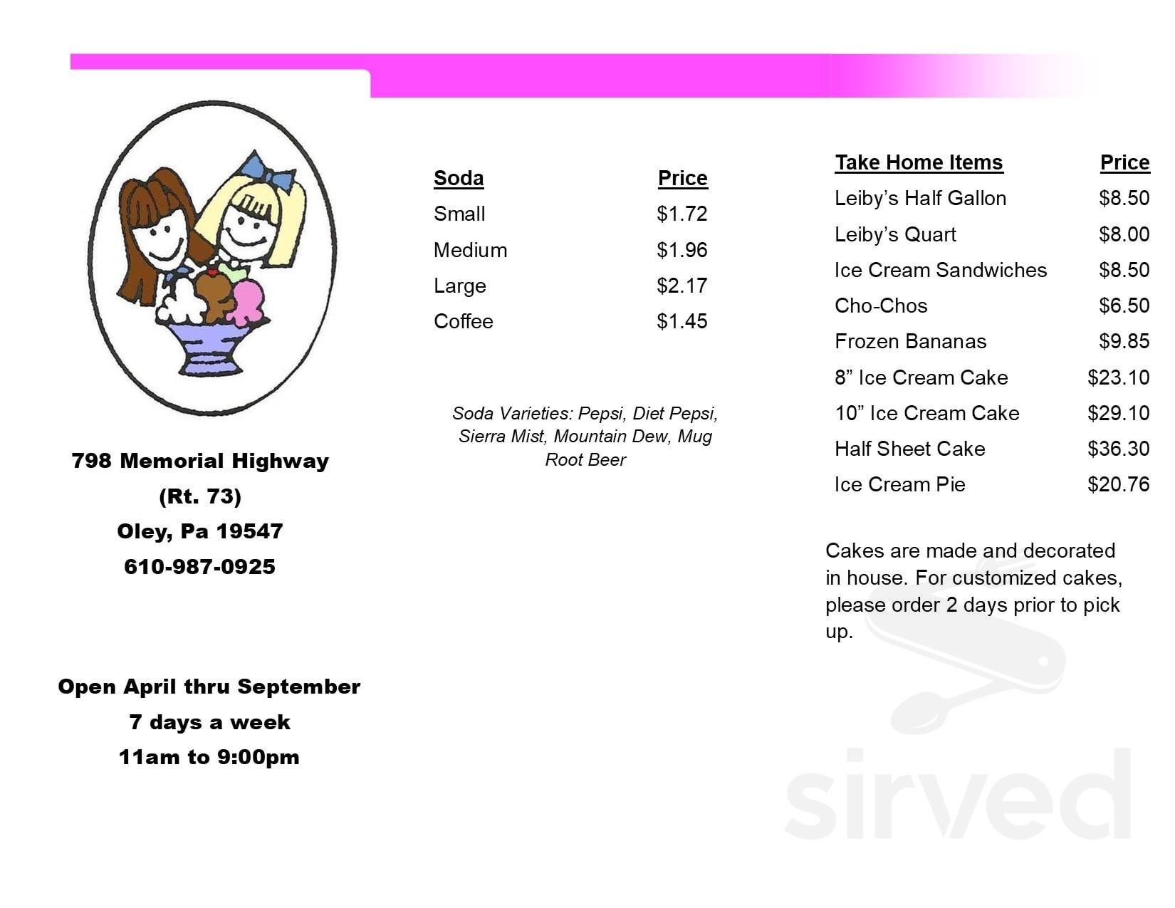 Jenn & Jessie's Ice Cream Parlor menu in Oley, Pennsylvania, USA