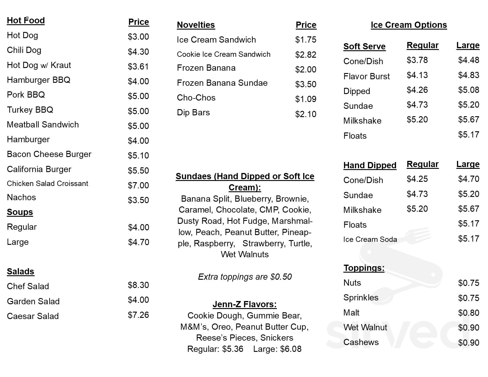 Jenn & Jessie's Ice Cream Parlor menu in Oley, Pennsylvania, USA