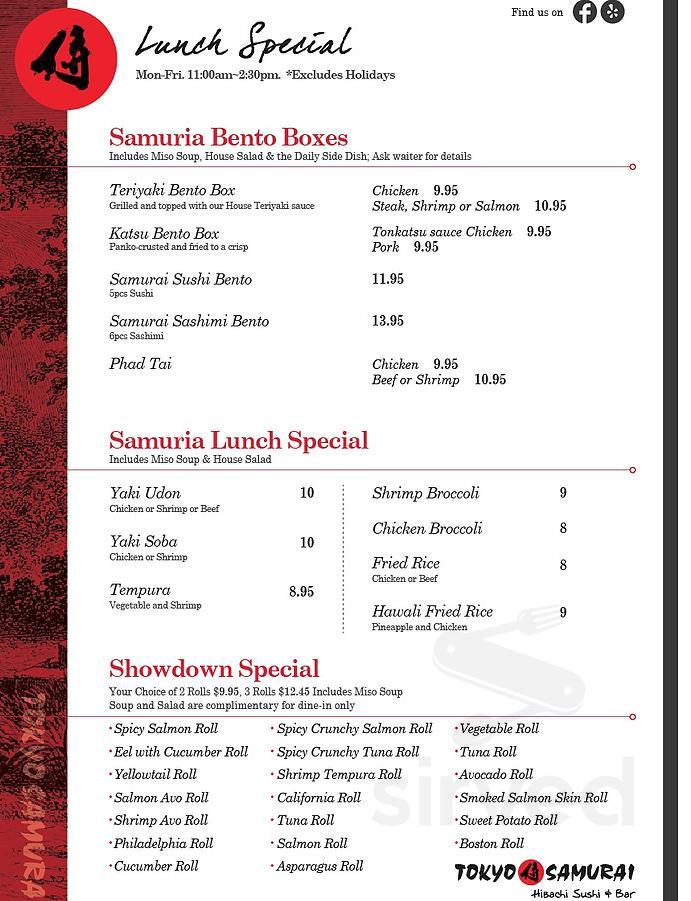 Menu - Bartonville TX's Tokyo Samurai Sushi Hibachi Bar | Sirved