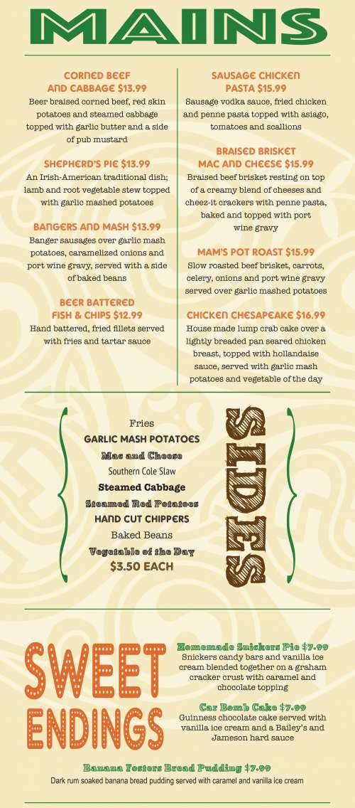 Siné Irish Pub menu in Richmond, Virginia, USA