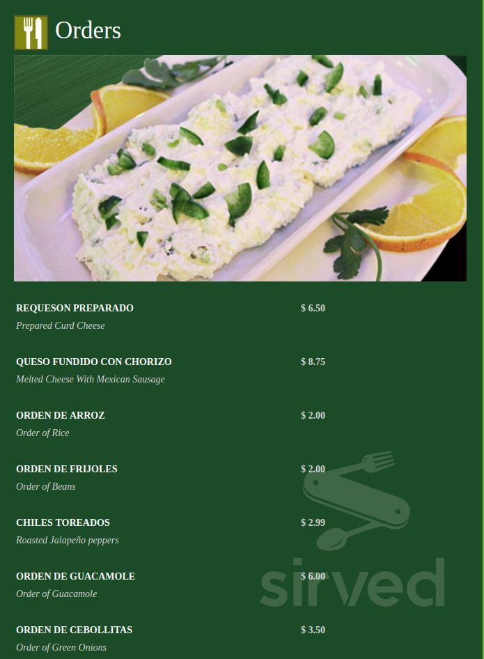 Menu - Chicago IL's La Placita de Durango | Sirved