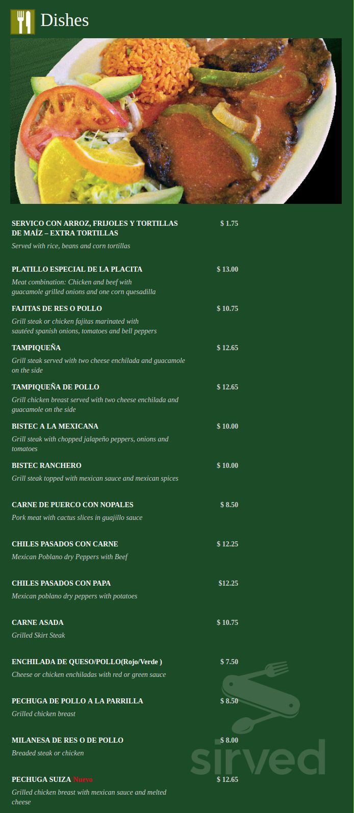 Menu - Chicago IL's La Placita de Durango | Sirved