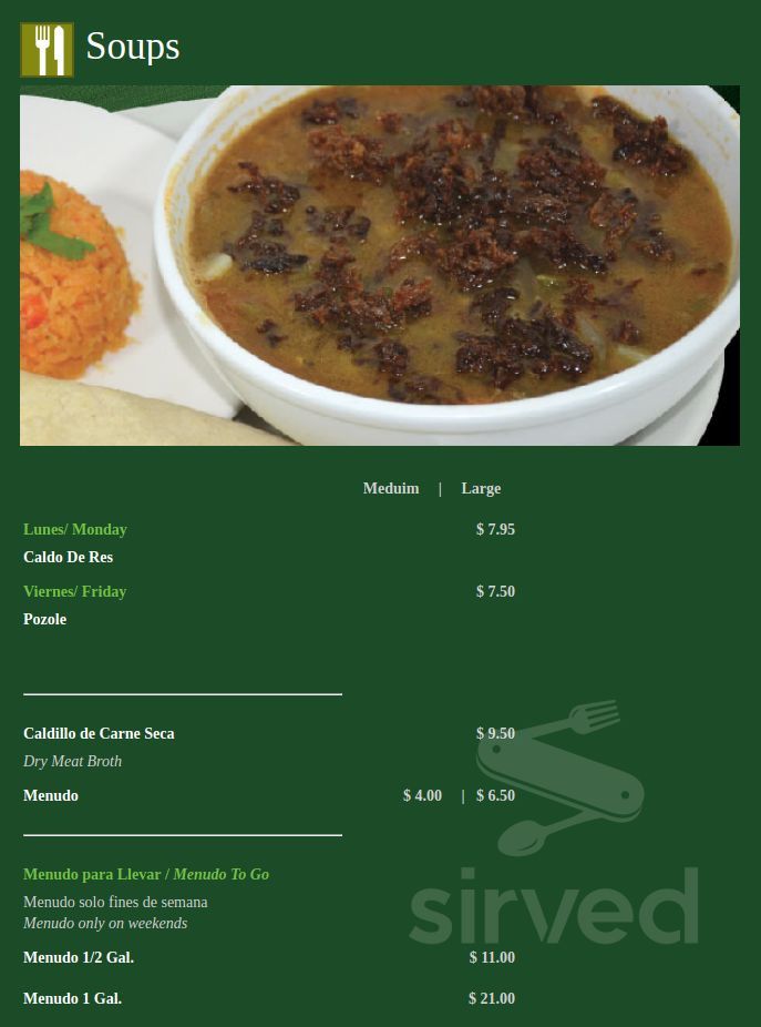 Menu - Chicago IL's La Placita de Durango | Sirved