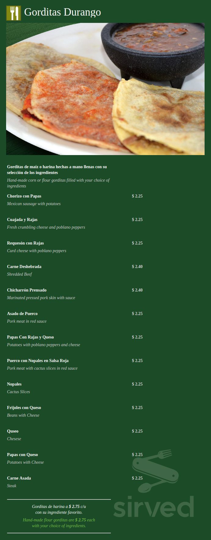 Menu - Chicago IL's La Placita de Durango | Sirved