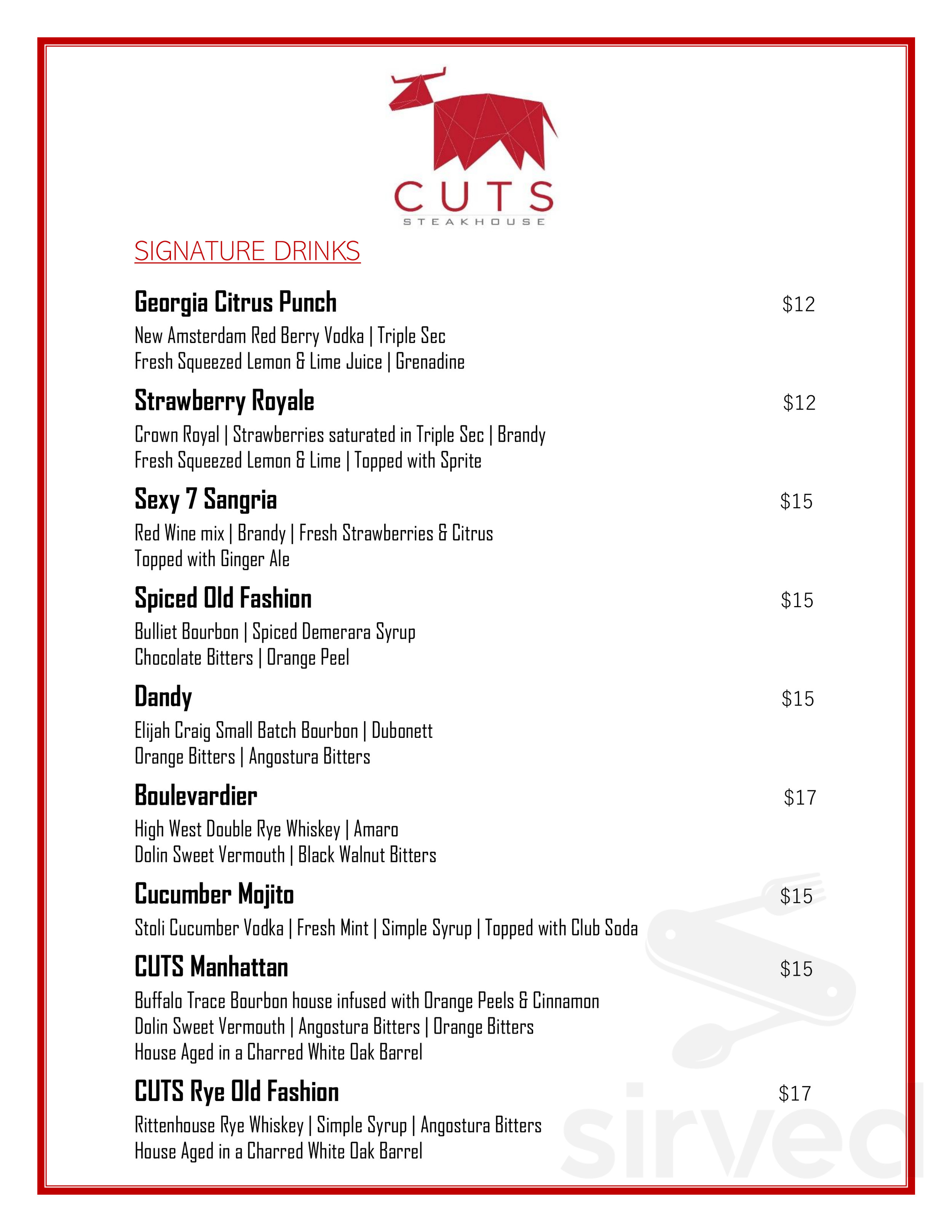 Cuts Steakhouse menu in Atlanta, Georgia, USA