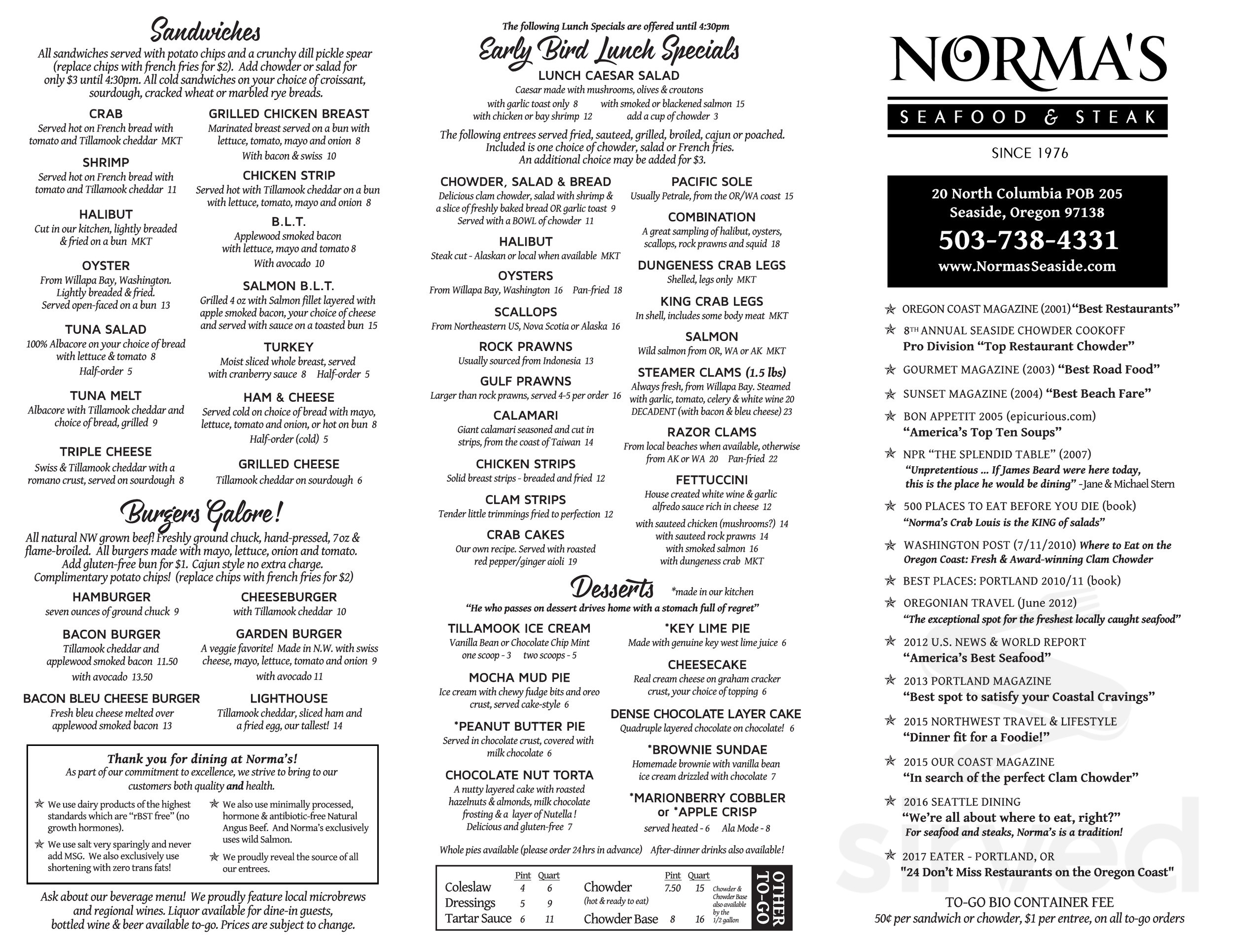Norma's Seafood & Steak menus in Seaside, Oregon, United States
