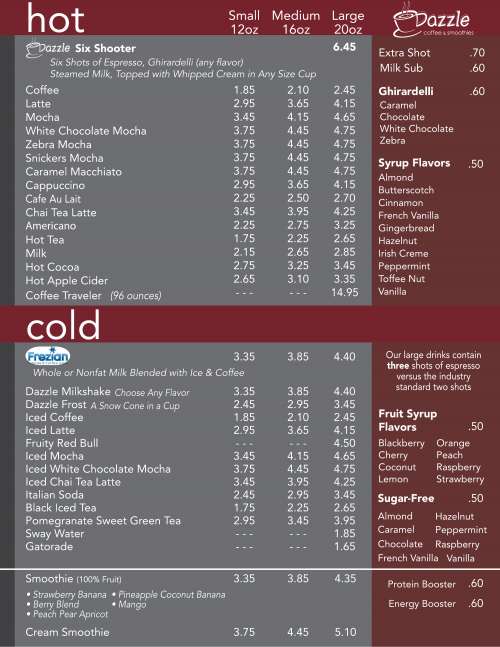 Dazzle Coffee & Smoothies menu in Round Rock, Texas, USA