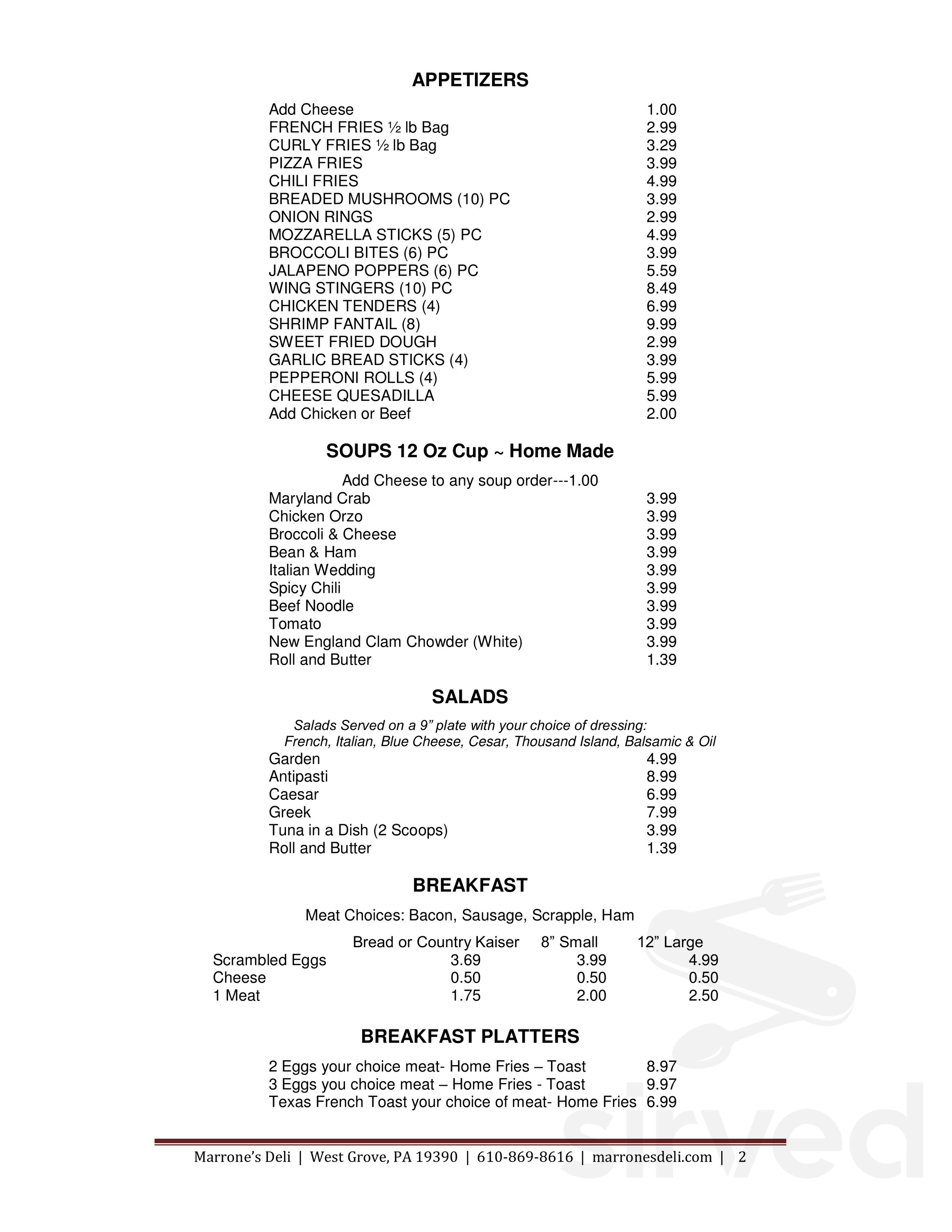 Marrone Delicatessen menu in West Grove, Pennsylvania, USA
