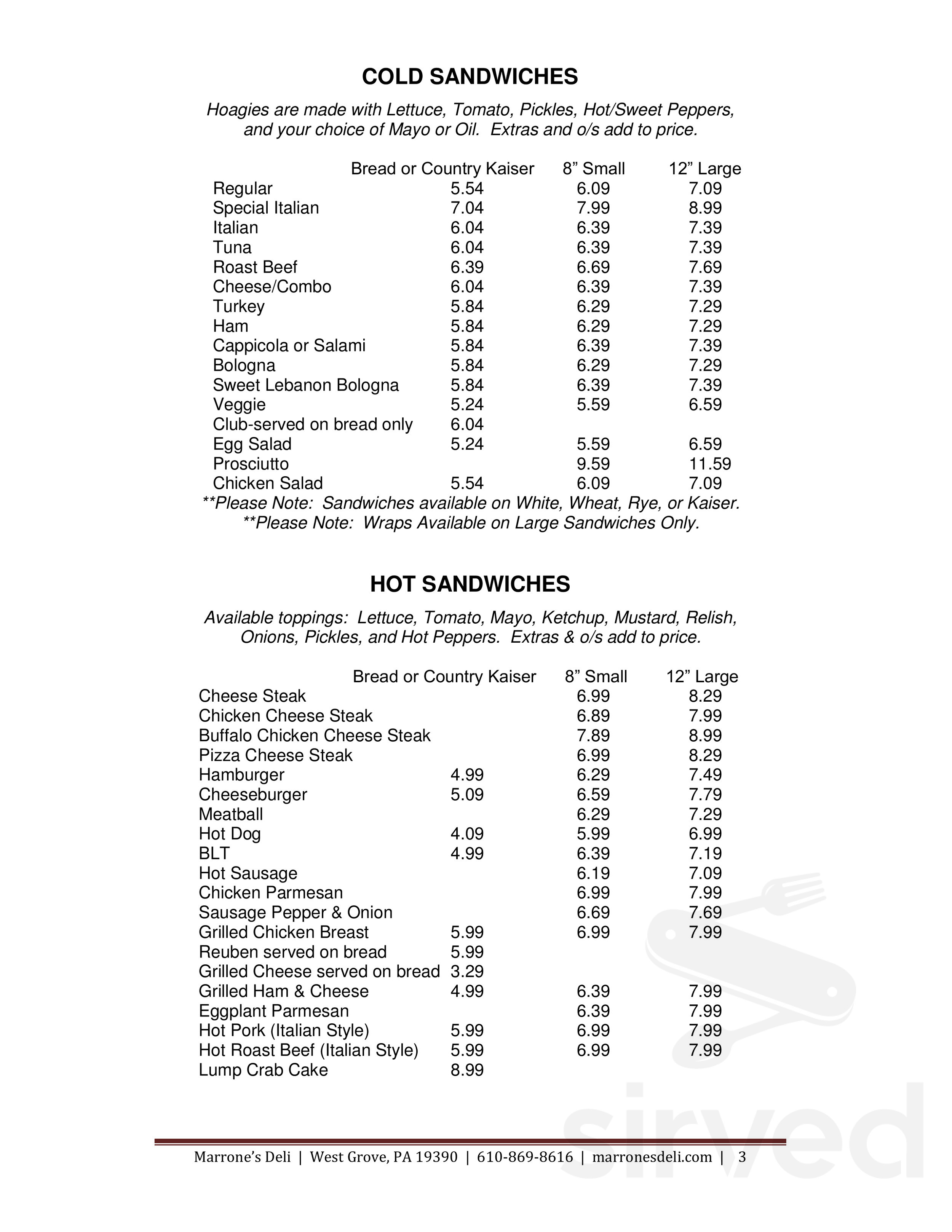 Marrone Delicatessen menu in West Grove, Pennsylvania, USA