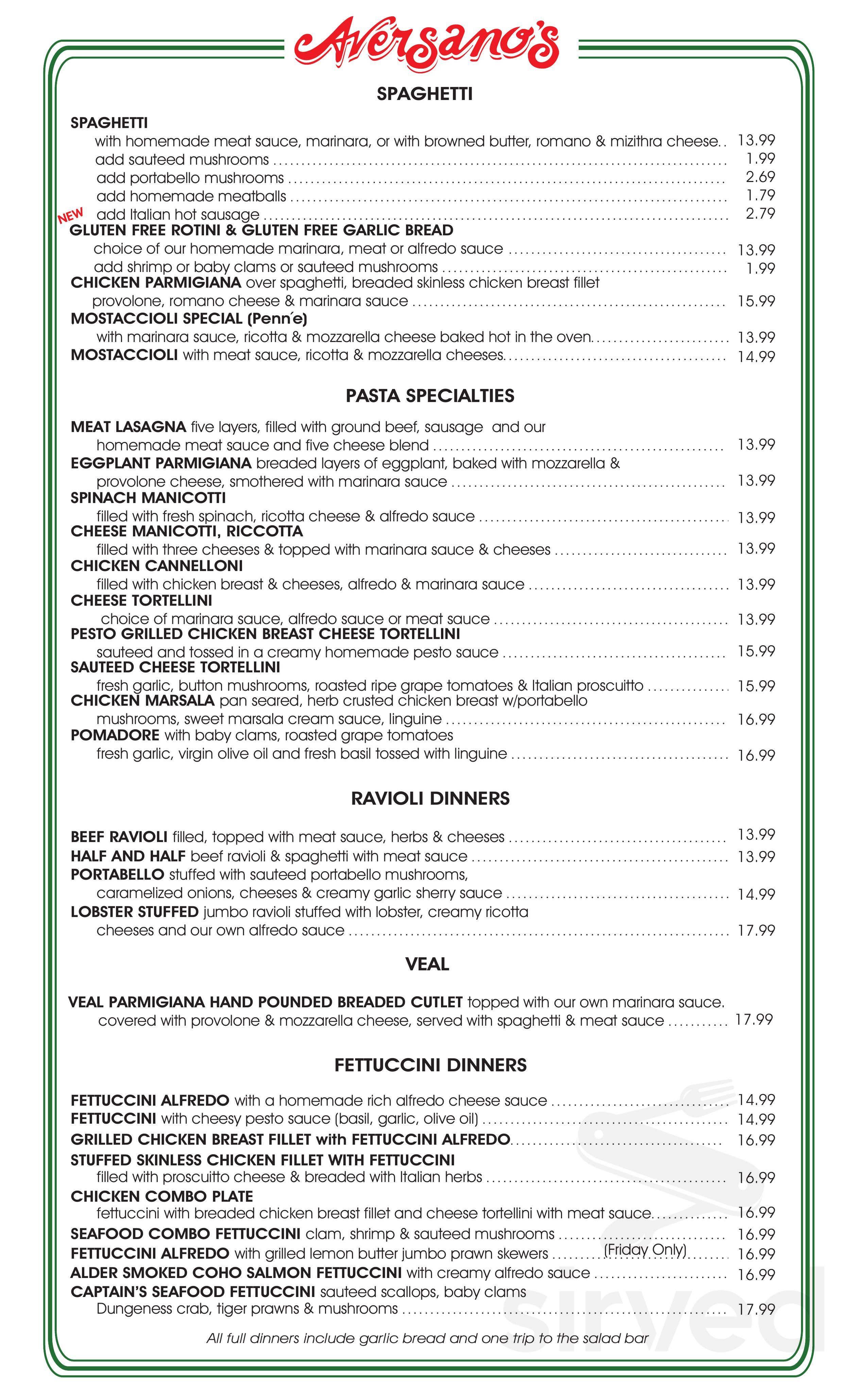 Aversano's Italian Restaurant menu in Sumner, Washington, USA