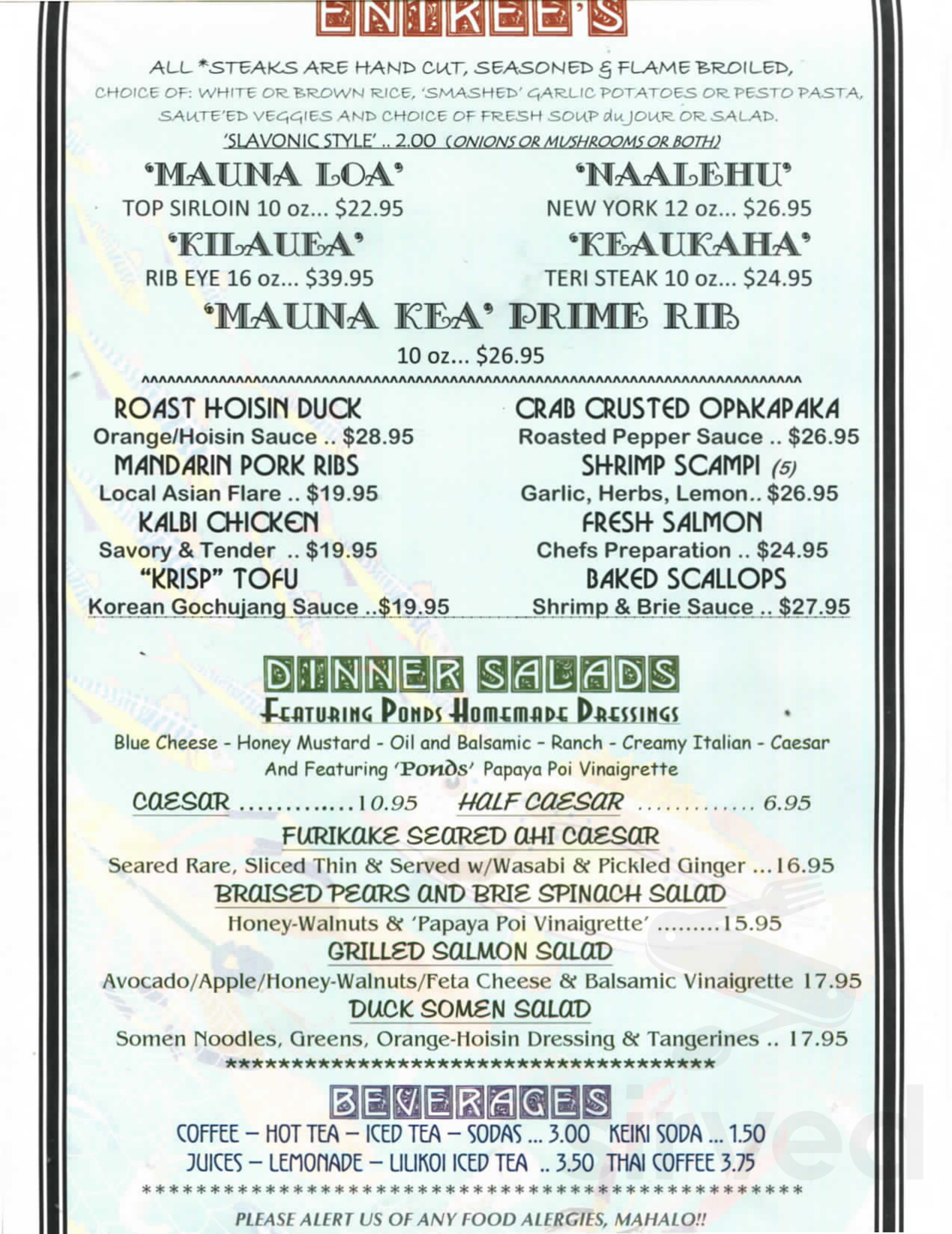 Ponds Hilo menu in Hilo, Hawaii, USA
