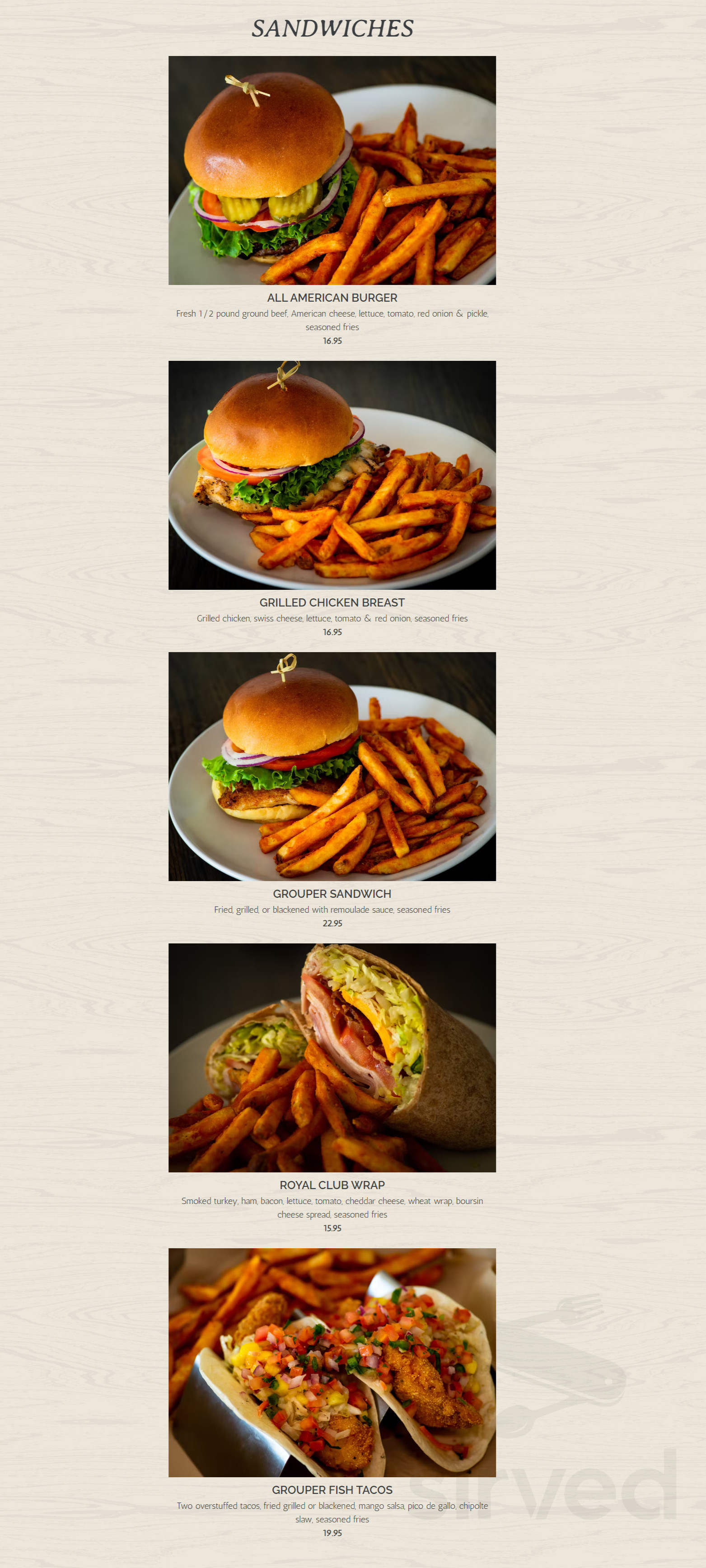 Beach Bar at Royal Palm Grille menu in Miramar Beach, Florida, USA