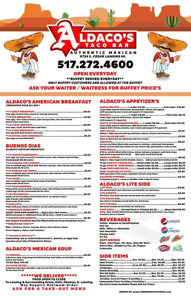 Aldaco's Taco Bar menu in Lansing, Michigan, USA