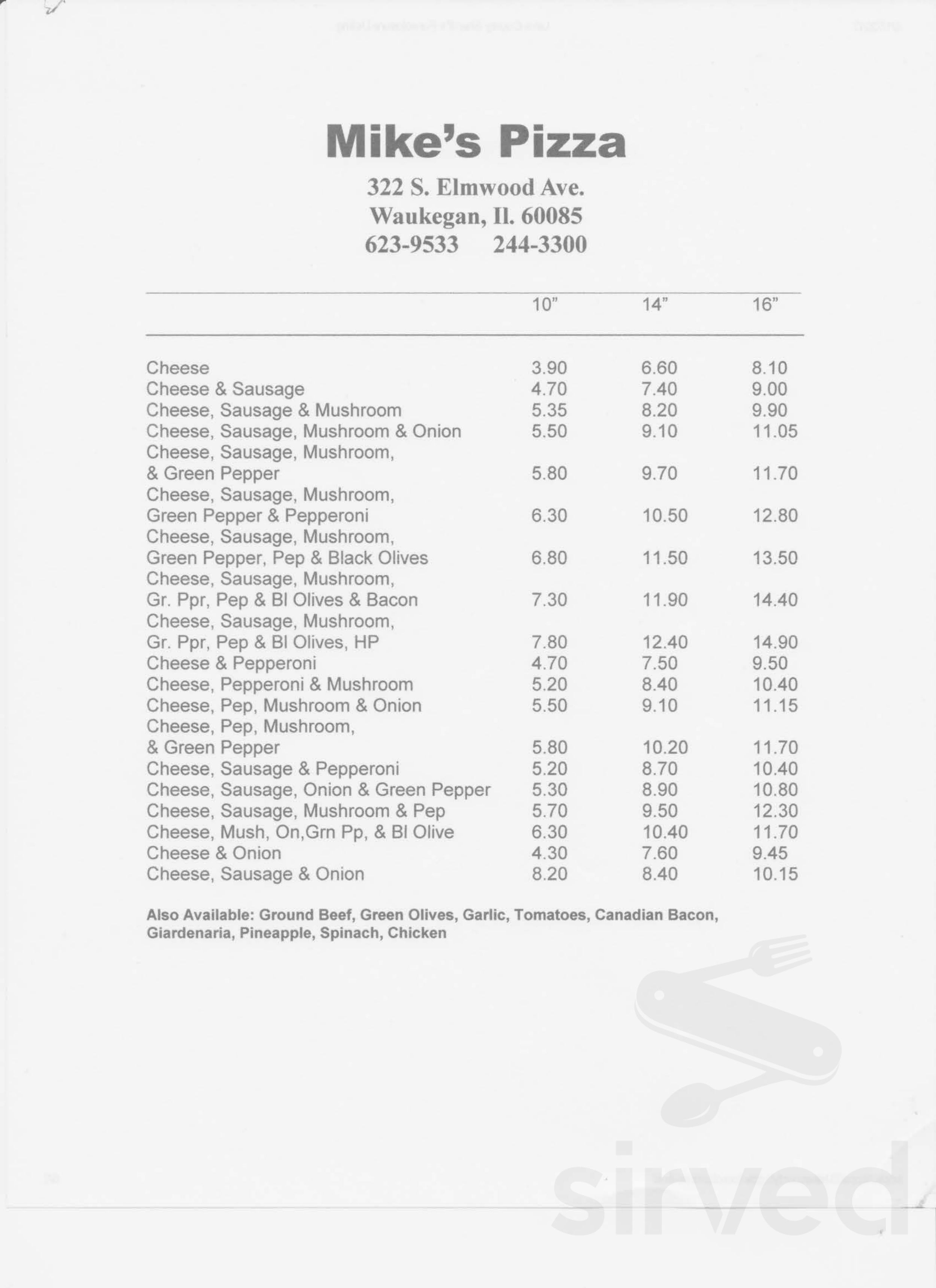 Menu for Mike's Pizza in Waukegan, IL | Sirved