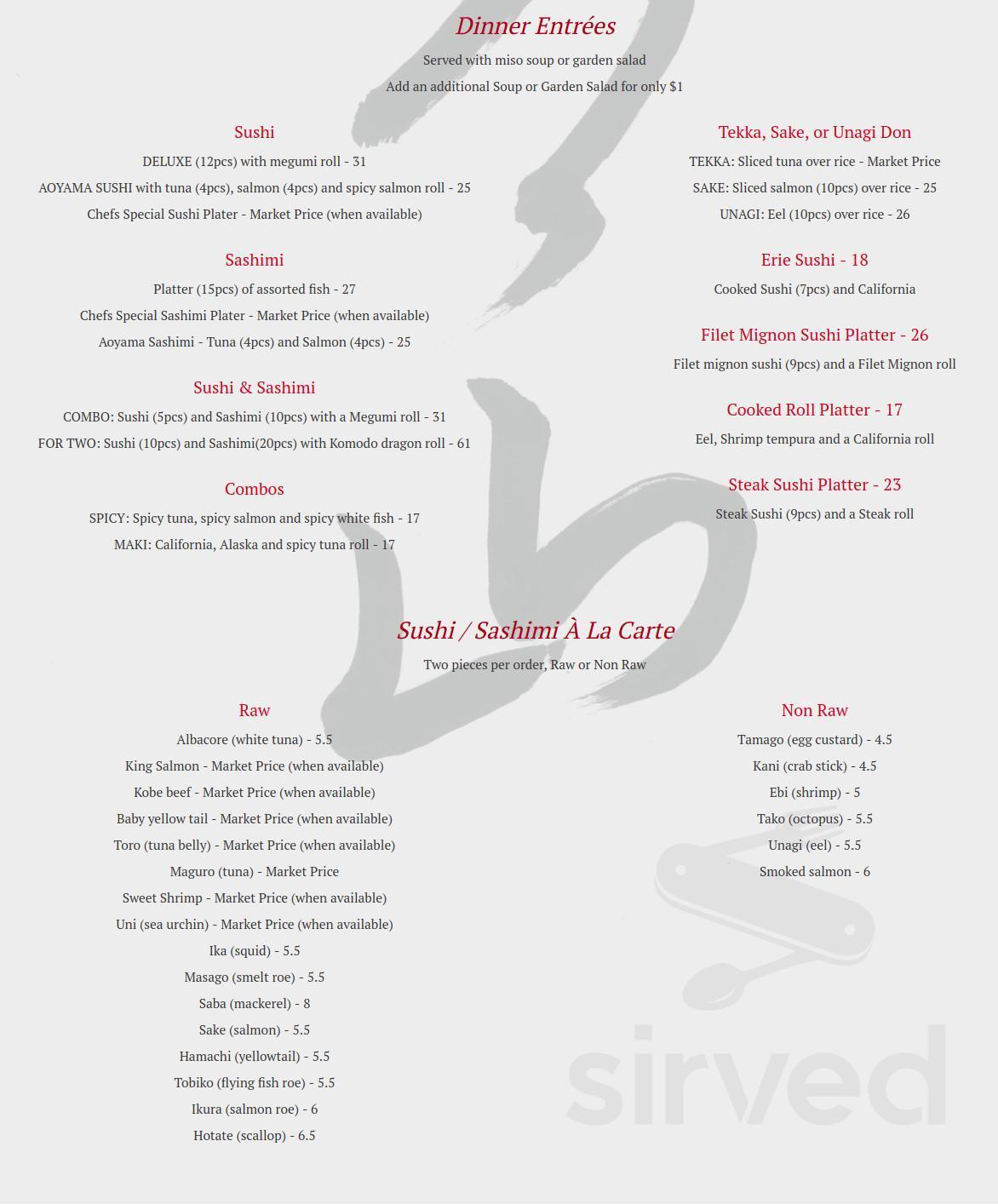 Menu - Erie PA's Aoyama Japanese Steakhouse | Sirved