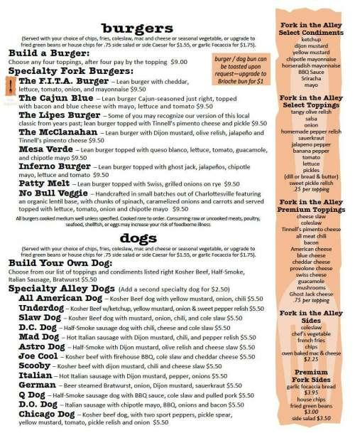 Fork in the Alley menu in Roanoke, Virginia, USA