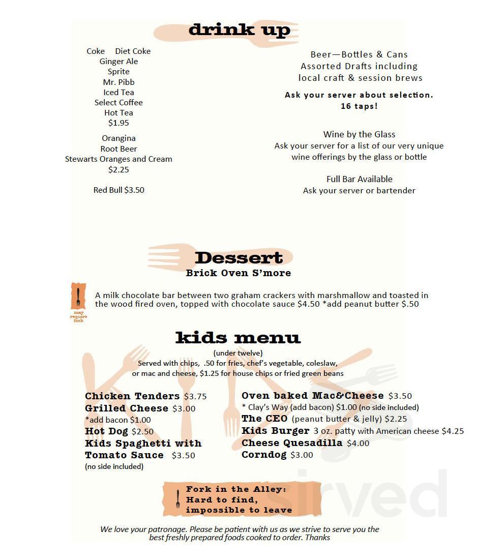 Fork in the Alley menu in Roanoke, Virginia, USA