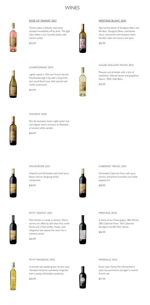 Stinson Vineyards menu in Crozet, Virginia, USA