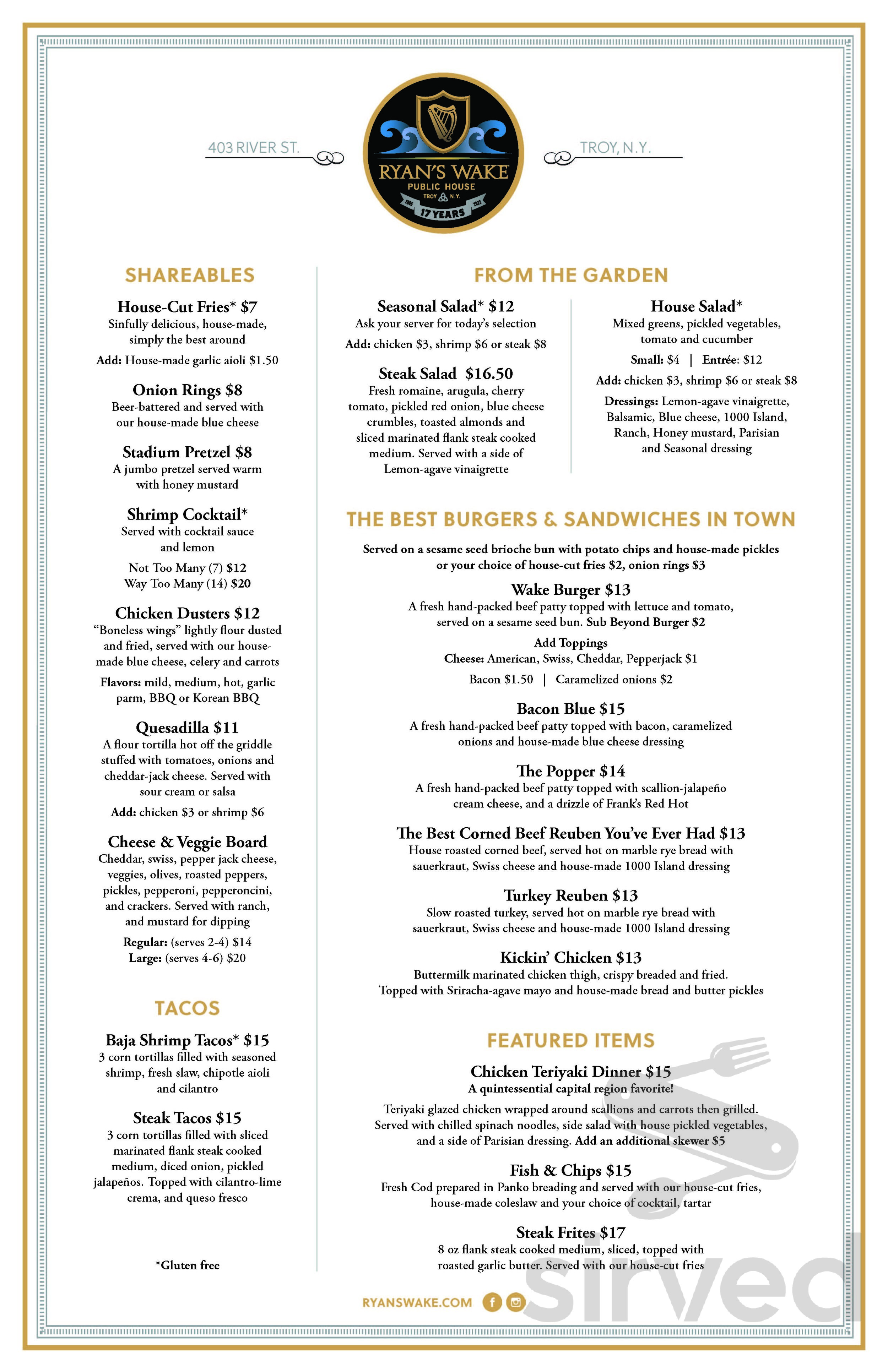 Menu for Ryan's Wake in Troy, NY | Sirved