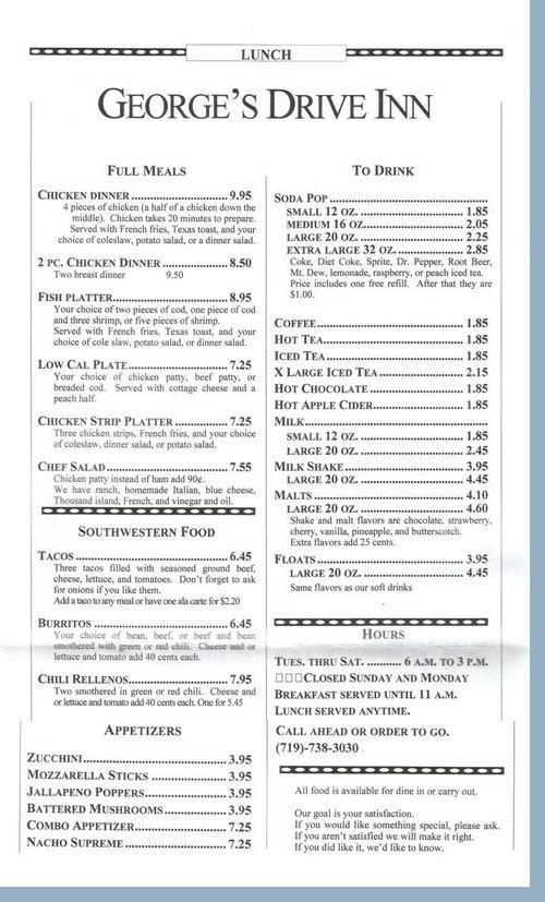 George's Drive Inn menu in Walsenburg, Colorado, USA