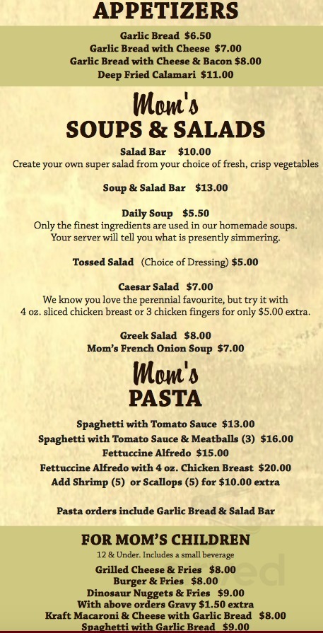 Mom's Restaurant menu in Midland, Ontario, Canada