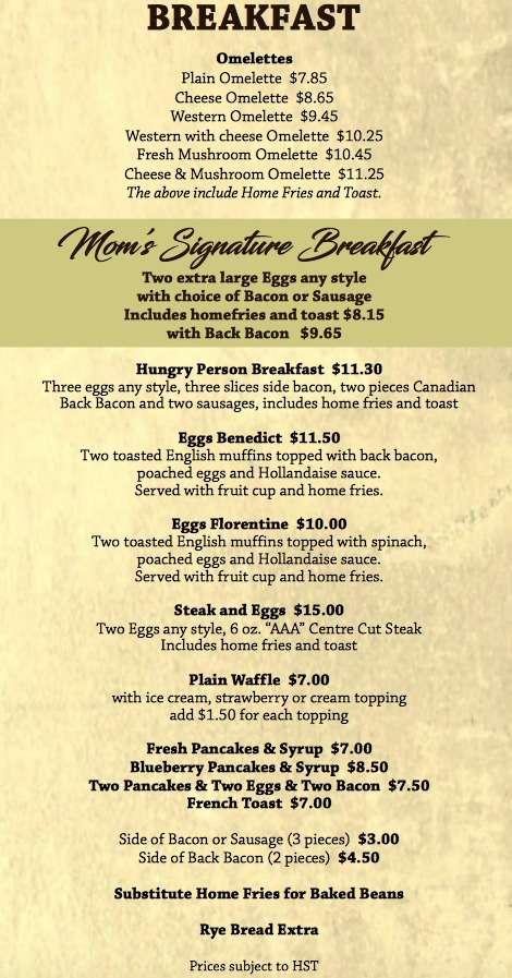 Mom's Restaurant menu in Midland, Ontario, Canada