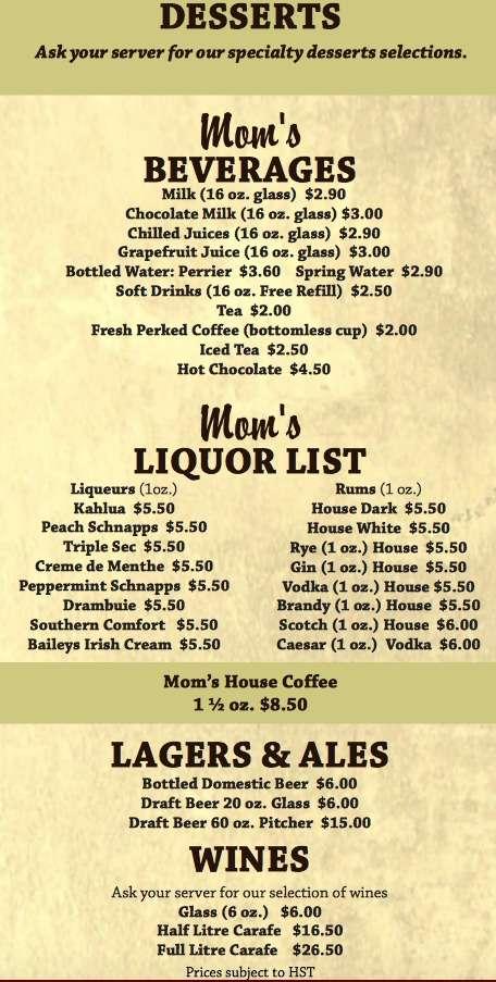 Mom's Restaurant menu in Midland, Ontario, Canada