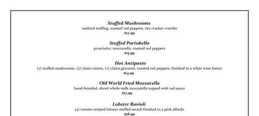 Menu for Andino's Italian Restaurant in Providence, RI | Sirved