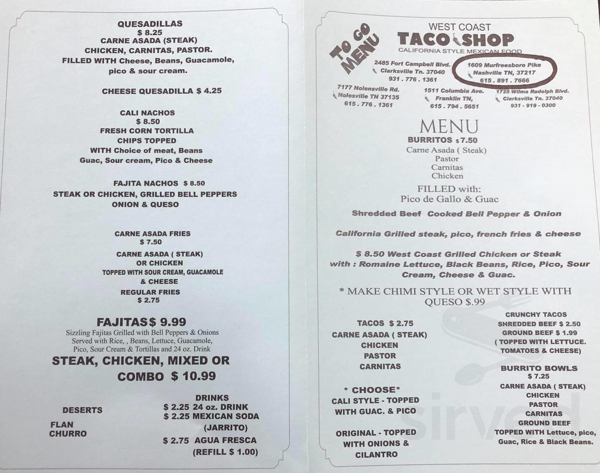 Menu for West Coast Taco Shop in Nashville, TN | Sirved
