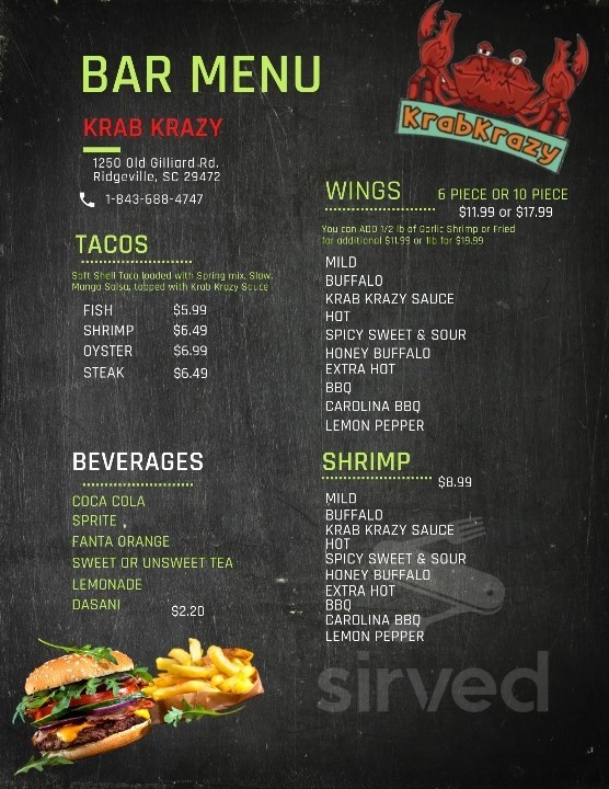 Krab Krazy Seafood Spot menu in Ridgeville, South Carolina, USA
