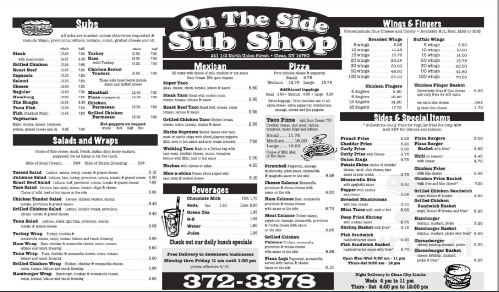 Menu for On the Side Sub Shop in Olean, NY | Sirved
