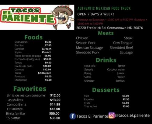 Tacos El Pariente menu in Germantown, Maryland, USA