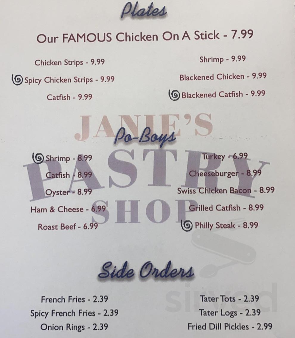 Menu for Janie's Pastry Shop & Bakery in Brookhaven, MS | Sirved
