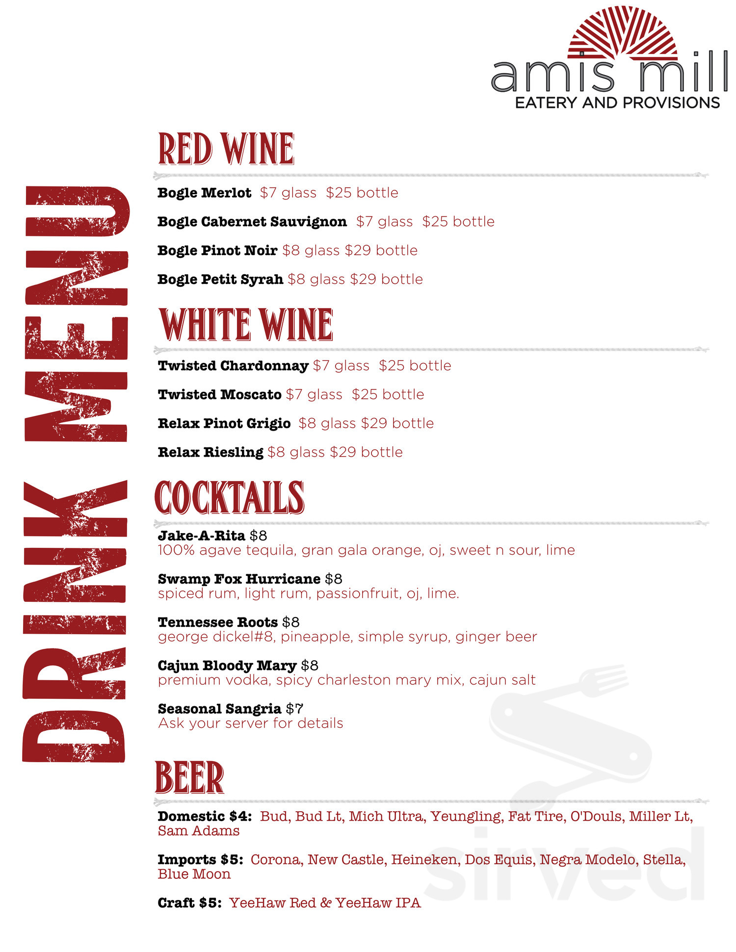 Amis Mill Eatery menus in Rogersville, Tennessee, United States