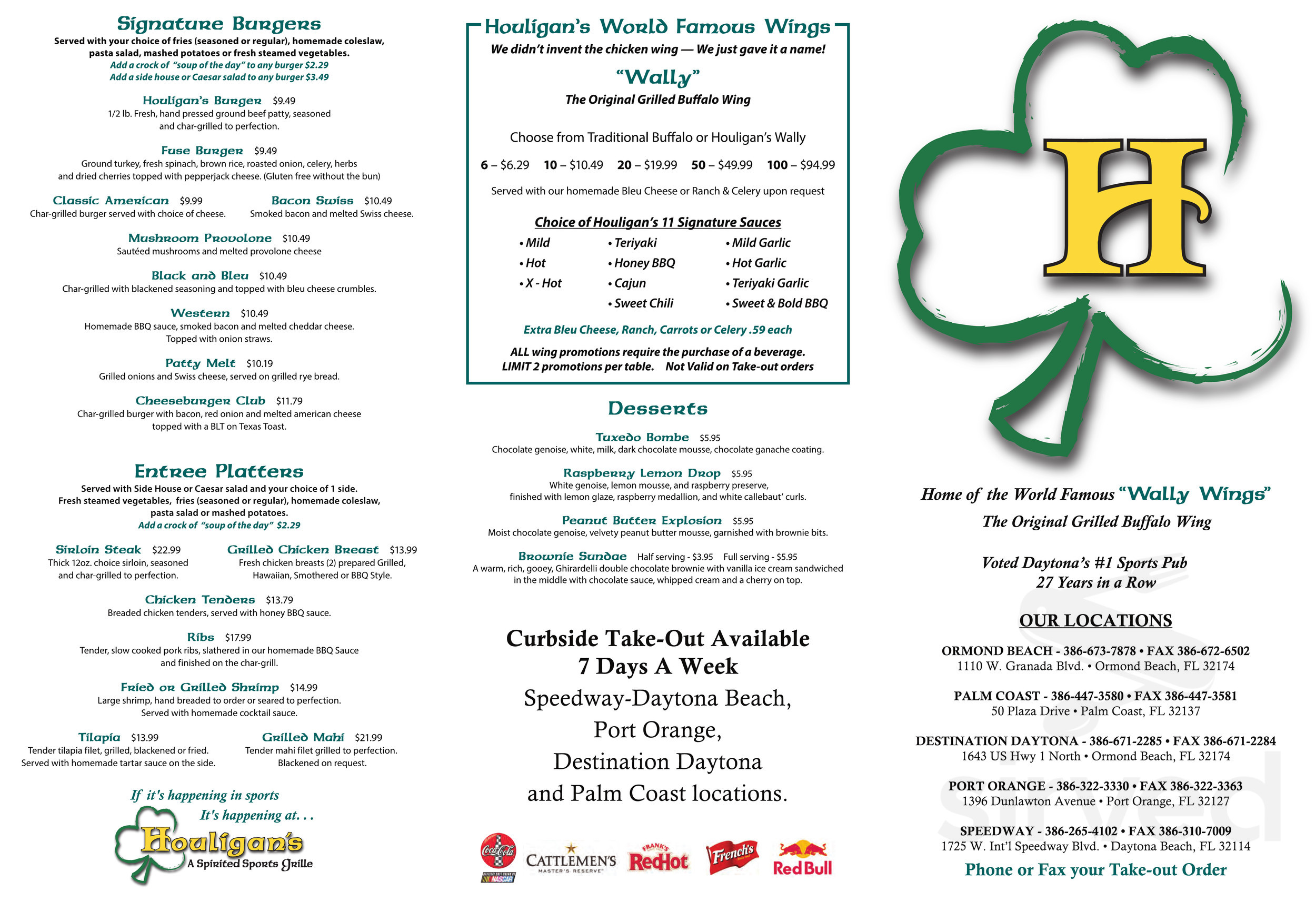 Houligan's Speedway menu in Daytona Beach, Florida, USA