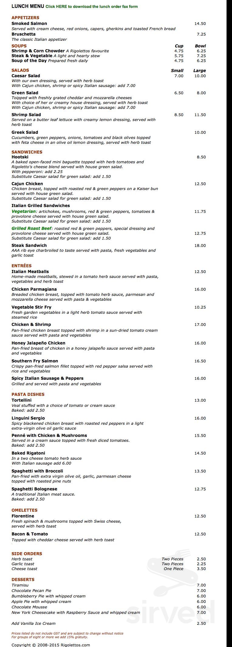 Menu for Rigoletto's in Edmonton, AB | Sirved