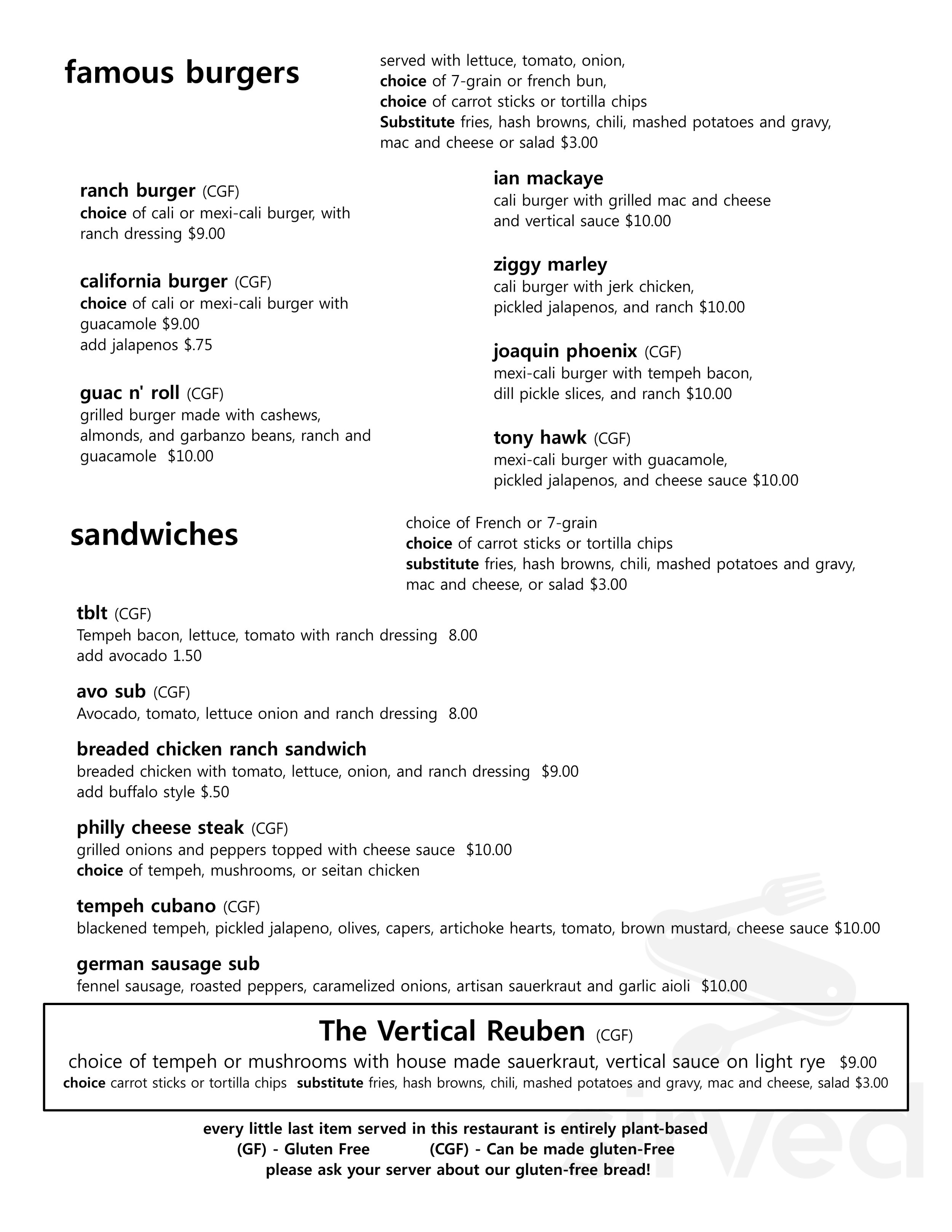 Menu - Portland OR's Vertical Diner | Sirved