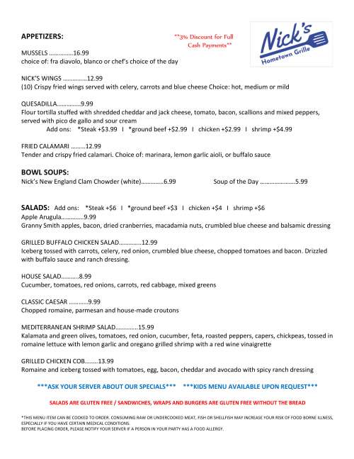 Nick's Hometown Grille menu in Smithtown, New York, USA