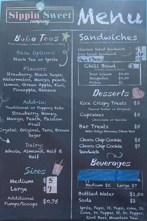 Sippin' Sweet Co. menu in Dewey, Oklahoma, USA