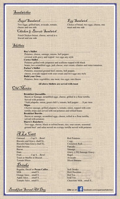 Menu for Upper Park Cafe in Aubrey, TX | Sirved