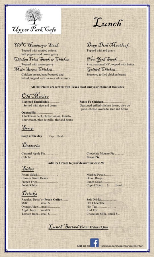 Menu for Upper Park Cafe in Aubrey, TX | Sirved