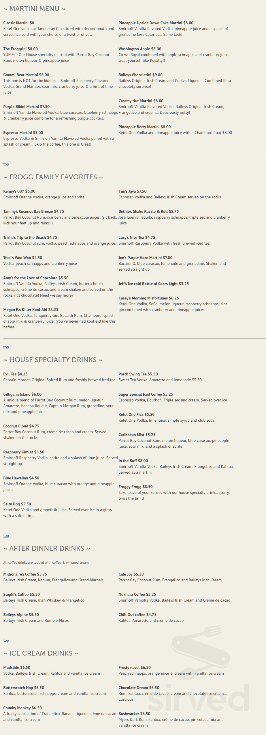 Tobias Frogg menu in Lancaster, Pennsylvania, USA